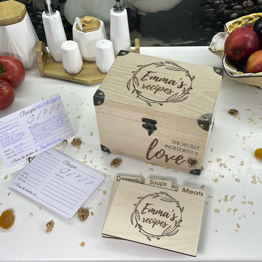 Personalized Recipe Box with Dividers and Cards Love Recipes engraving ...