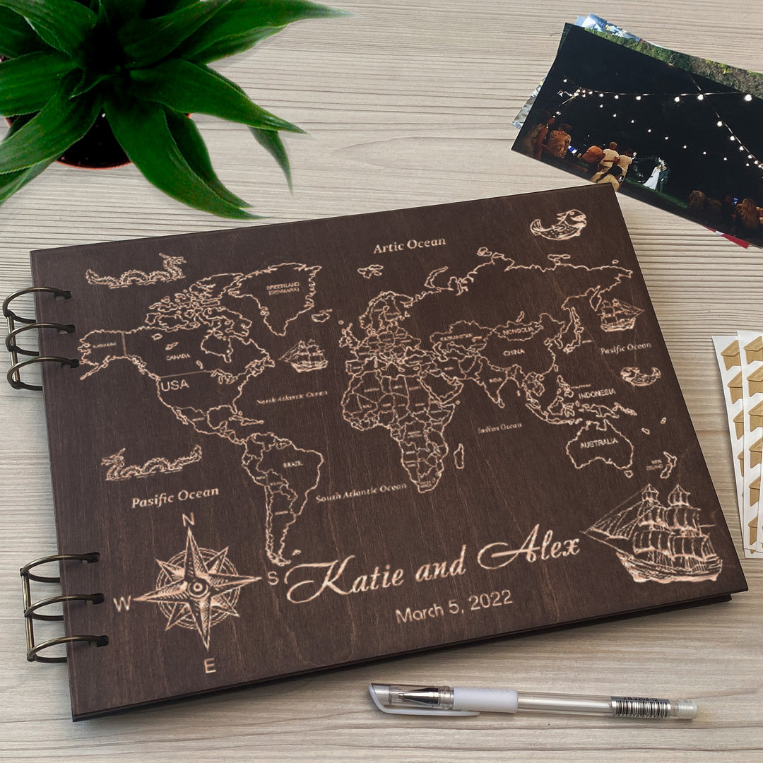 Personalized photo album cover and World map engraving – skinwoodukraine