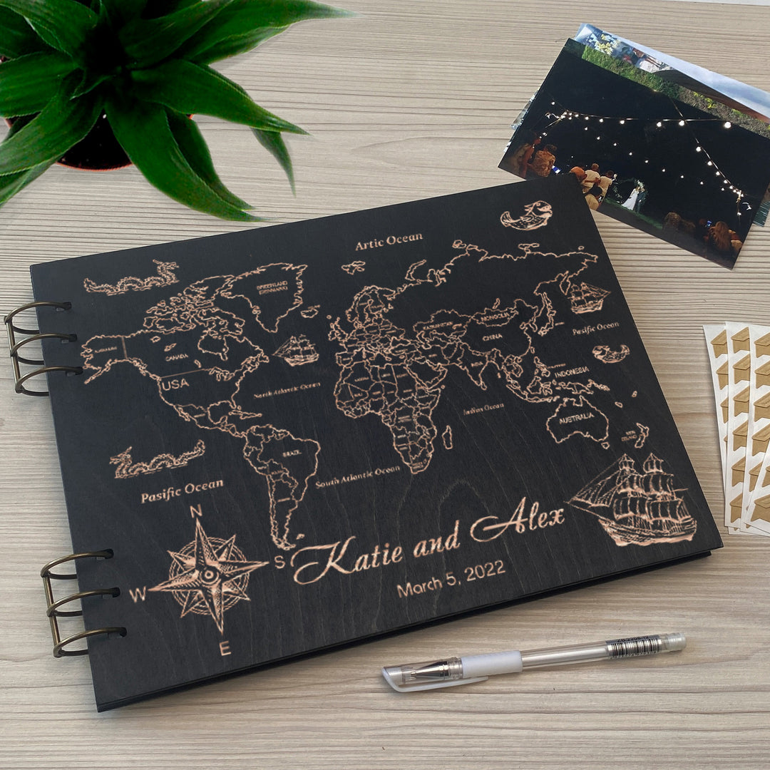Personalized photo album cover and World map engraving – skinwoodukraine