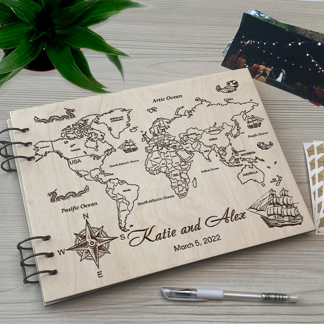 Personalized photo album cover and World map engraving – skinwoodukraine
