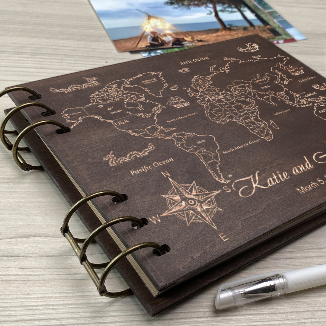 Personalized photo album cover and World map engraving – skinwoodukraine