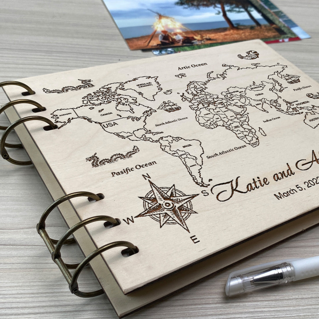 Personalized photo album cover and World map engraving – skinwoodukraine